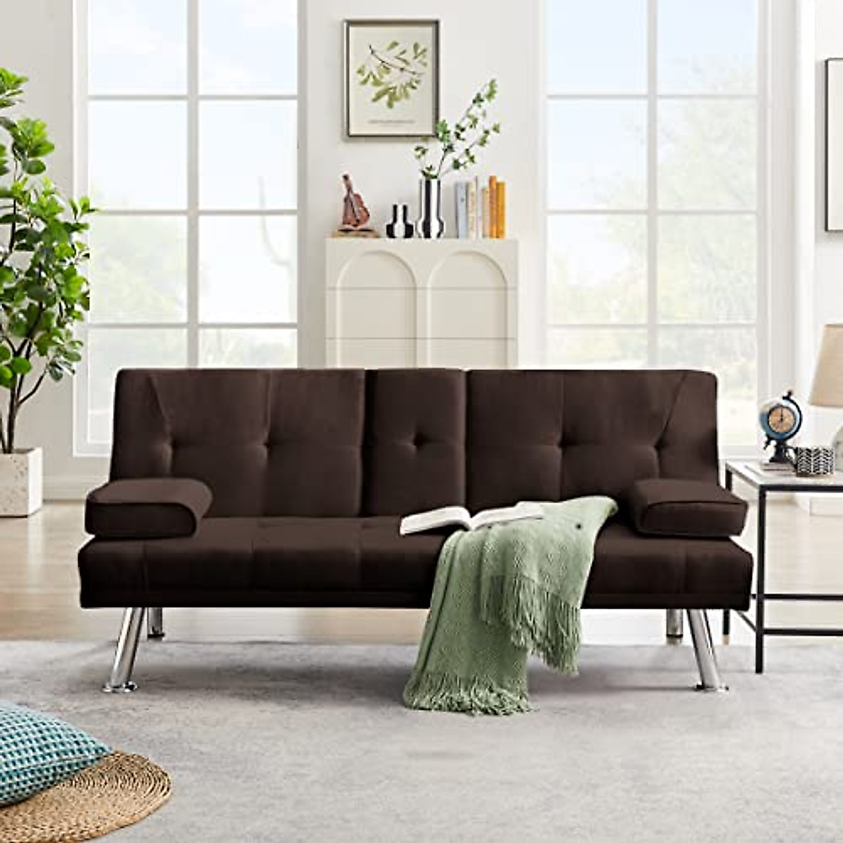 Verfur Modern Futon Sofa Bed-Compact Design for Small Spaces-Comfort Convertible Sleeper Loveseat Couch with for Premium Fabric Sofabed, Brown w/Metal Legs