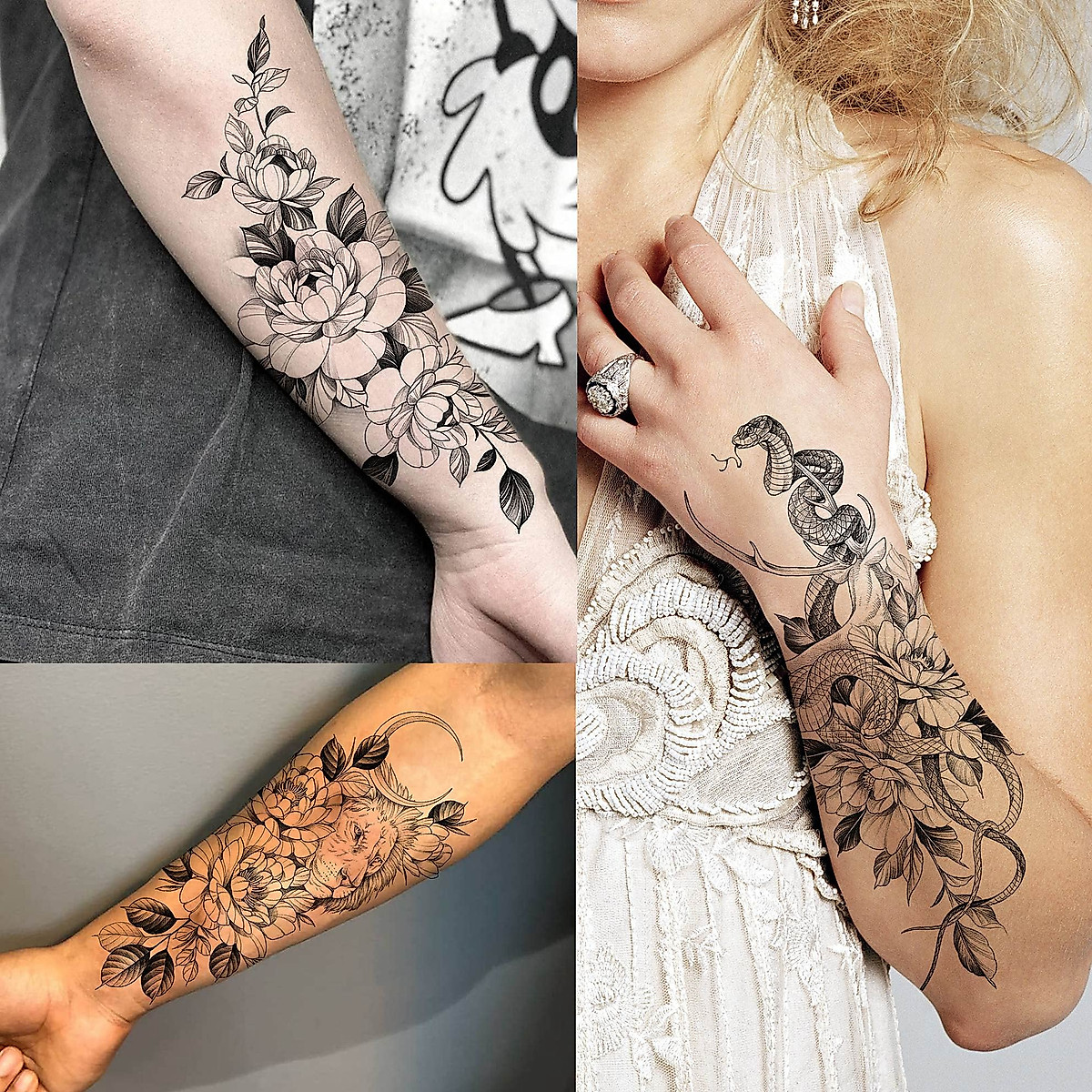 Bilizar 64 Sheets Long Lasting Flower Temporary Fake Tattoos For Women Arm Neck, Jellyfish Sunflower Moon Rose For Adults Girl, 3D Temp Realistic Snake Tatoo Stickers Serpent Peony Floral Kids