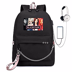 CUSALBOY Kpop Backpack Lisa Rose JISOO Jennie Color Photo Computer Backpack FashionTravel Business Work Backpack Whit USB Port (Black)