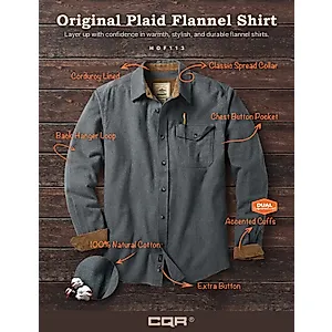 CQR Men's All Cotton Flannel Shirt, Long Sleeve Casual Button Up Plaid Shirt, Brushed Soft Outdoor Shirts, Solid Grey, X-Large