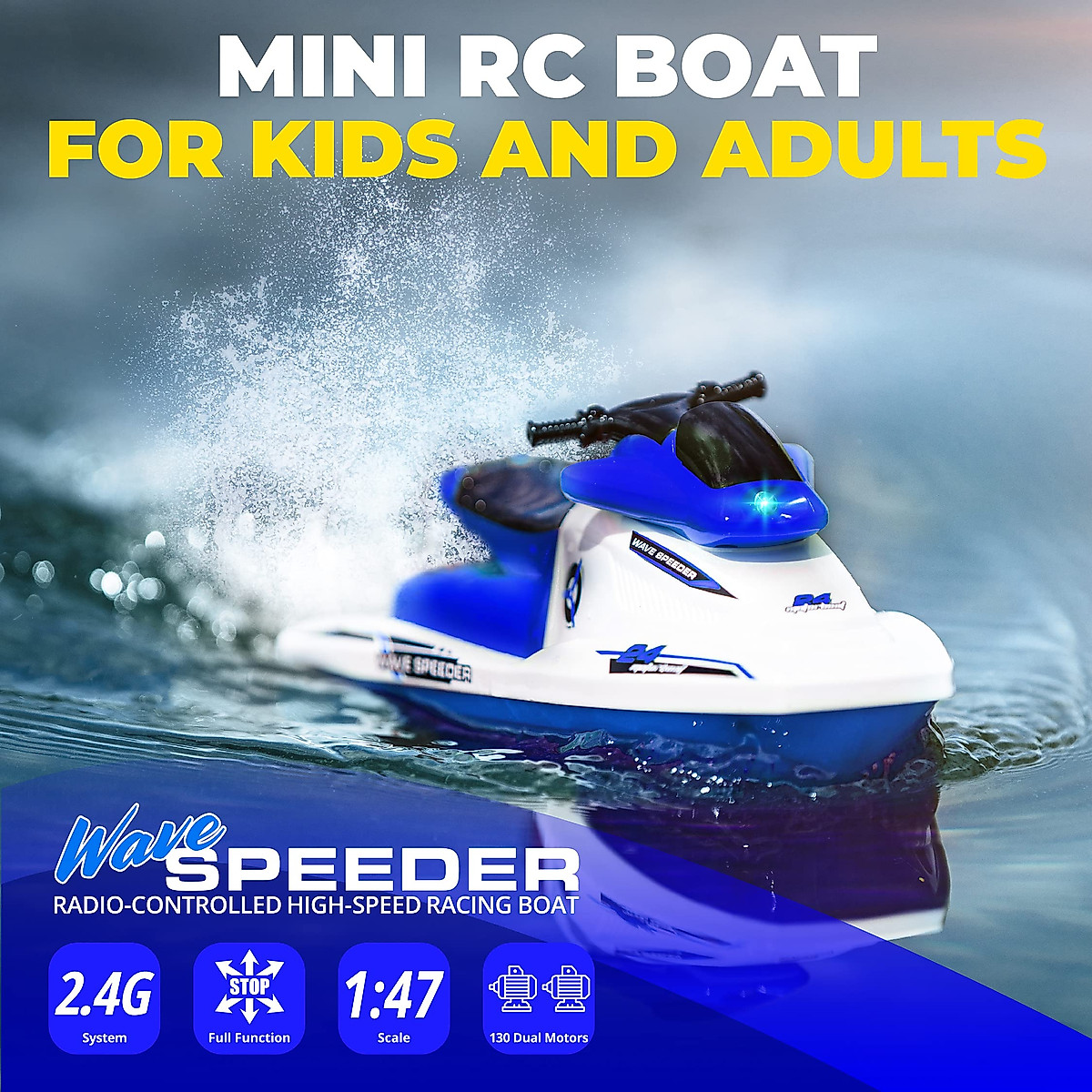 Force1 Wave Speeder RC Boat for Kids - Remote Control Boat for Pool Water or Lake Play, Mini RC Boat Toy with Remote Kid Motor Boat, Rechargeable Battery, Dual Motor, USB Charger, 2.4GHz Remote (Blue)