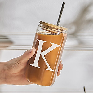 Elysine Initial Glass Cup 16oz, Monogrammed Gifts for Women, Glass Can Cup w/Bamboo Lid Straw,Personalized Valentines Mother Day Birthday Gifts for Women, Mom, Wife, Girlfriend, Sister, Friends (K)