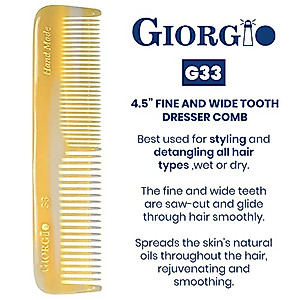 Giorgio G33 Double Tooth Small Hair Pocket Comb, Fine/Wide Tooth Comb For Hair, Beard and Mustache, Coarse/Fine Hair Styling Grooming Comb for Men, Women and Kids. Saw Cut Handmade and Polished