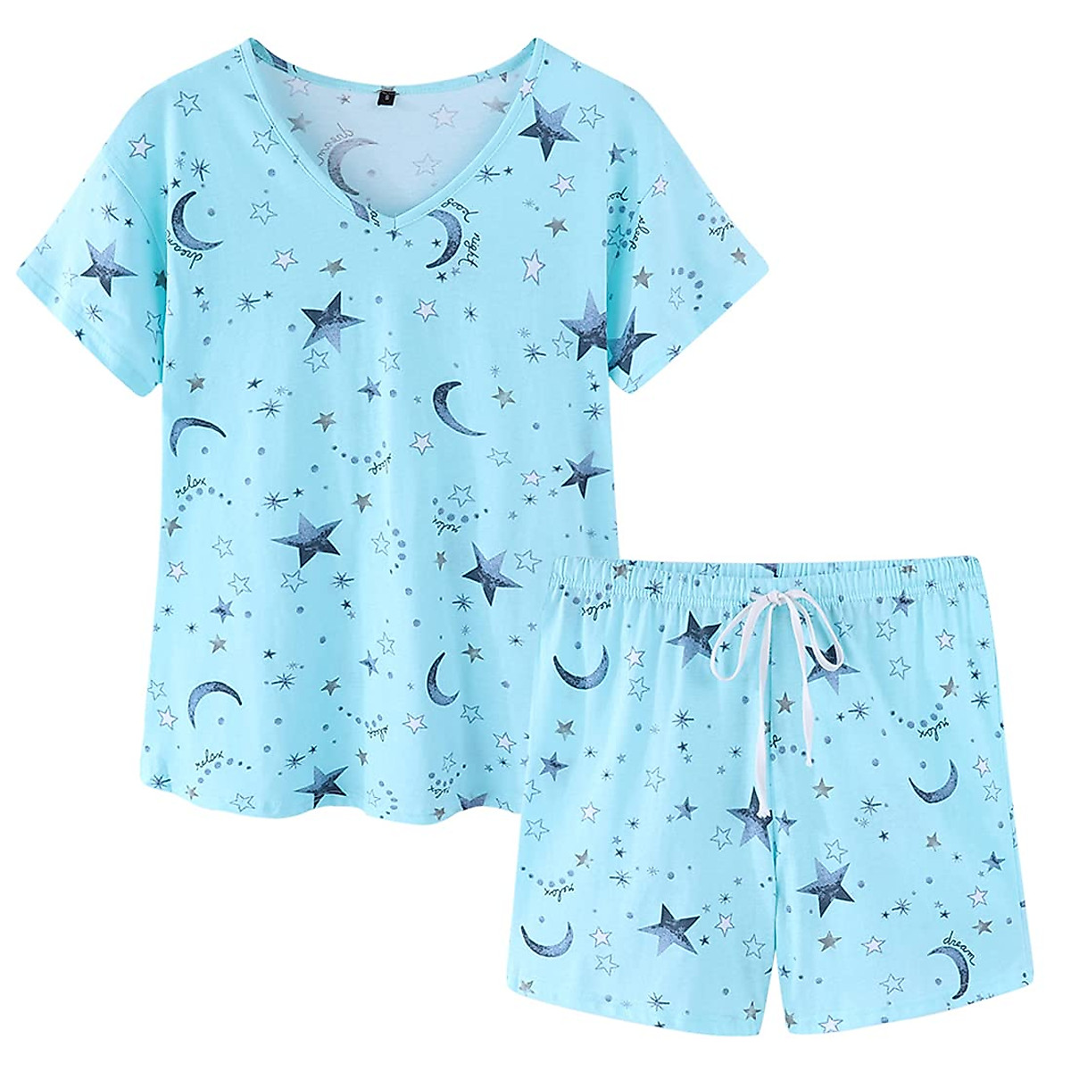 CHUNG Women Short Sleeve Shirt Pajamas Set with Shorts Bottom Pants Cotton V-neck Cute Pjs Sleepwear Lounge Wear Plus Size Summer (X-Large, Blue Star)
