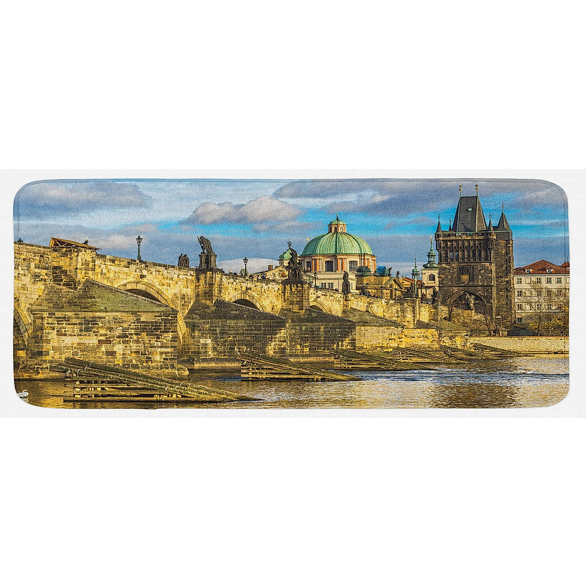 Ambesonne Landscape Kitchen Mat, Prague Charles Bridge Castle European Famous Touristic Place Landmark Cityscape, Plush Decorative Kitchen Mat with Non Slip Backing, 47" X 19", Multicolor