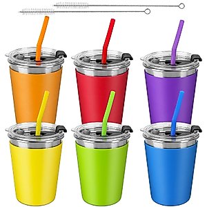 ShineMe 6pcs Spill Proof Cups for Kids,12oz Toddler Cups with Straws and Lids, Reusable Stainless Steel Kids Cups with Rainbow Color Silicone Sleeves for Cold & Hot Drinks