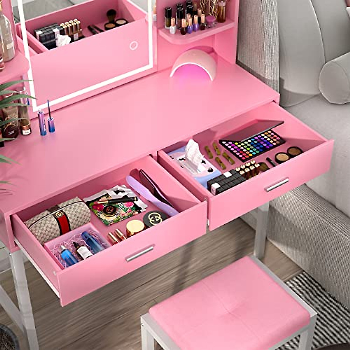 armocity Vanity Desk with Mirror and Light, Makeup Vanity with Cushioned Stool, Vanity Table Set with 3 Color Lighting Options, Modern Dressing Table with 2 Storage Drawers for Bedroom, Pink