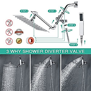 10 Inch All Metal High Pressure Rainfall Shower Head with Handheld Combo, Rain Shower Head with Handheld Spray,3-Way Diverter,Height & Angle Adjustable Extension Arm,70" Flexible Hose