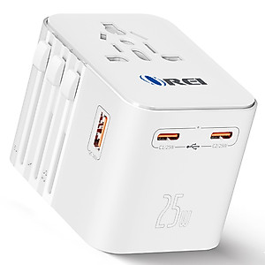 OREI 25Watt Universal Travel Adapter | 2 (USB C) 1 (USB A) 4-in-1 Universal Power Adapter | | Type C, A, G, I Compatible | Universal Chargers for All Devices compatible 150+ Countries