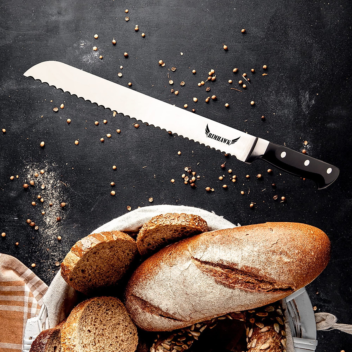 RIMHAWK Bread Knife 10inch Serrated Bread Knife for Homemade Bread, Ultra-Sharp Stainless Steel Serrated Bread Knives and 5inch Ergonomic Handle