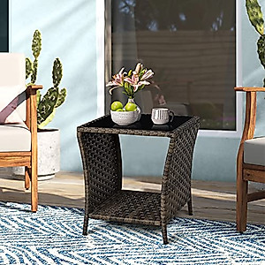 FIZZEEY Outdoor Side Table - Outdoor Wicker Side End Tables for Patio w/Storage Shelf, Brown