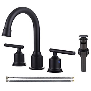 WOWOW 2 Handle Bathroom Faucet Matte Black Bathroom Sink Faucet Widespread Faucet with Pop Up Drain Brass Bathroom Faucet 3 Hole Vanity Faucet 8 Inch Basin Faucet