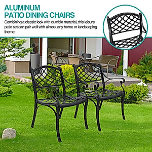 2 Pieces Cast Aluminum Patio Chair,Metal Outdoor Dining Chair with Armrest, Set of 2 All Weather Patio Armchairs,Outdoor Furniture Bistro Chairs for Lawn Porch Garden Backyard Poolside Deck,Black