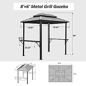 Domi Grill Gazebo 8' × 6', Outdoor Aluminum Frame BBQ Gazebo with Shelves Serving Tables and Hooks, Permanent Double Roof Gazebos for Patio Lawn Deck Garden (Dark Grey)