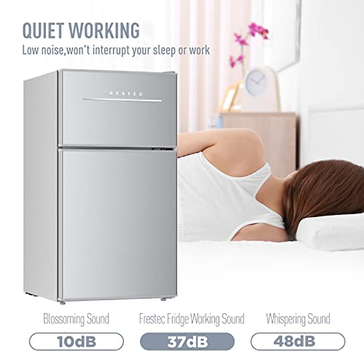 Frestec Mini Fridge with Frezzer,3.2 Cu.Ft Mini Fridge for Bedroom,Small Refrigerators,2 Door Compact Refrigerator 37dB Quiet,7-Settings Mechanical Thermostat,LED Lights for Dorm, Office, Apartment (Sliver)