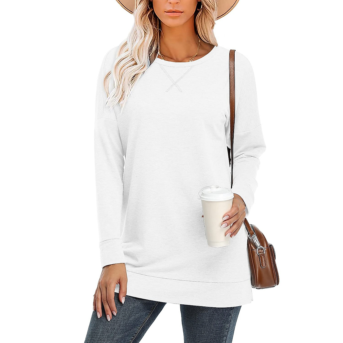 BETTE BOUTIK Plain white Tunic Womens Long Sweatshirt cotton Crewneck Sweatshirt Tops Long Sleeve Sweatshirts Plain Women's Plus Size Tops White Medium
