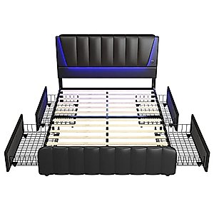 FORABAMB Full Size Bed Frame with LED Lights and USB Ports, Upholstered Platform Bed Frame with Adjustable Headboard and 4 Storage Drawers, No Box Spring Needed,Noise Free, Black