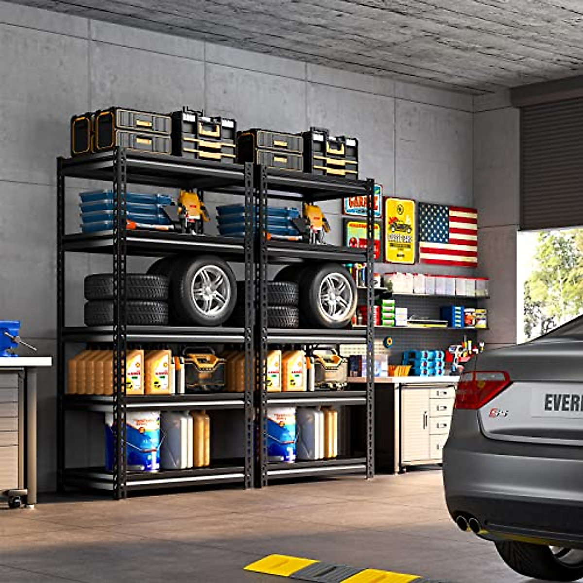 REIBII Garage Shelving Heavy Duty Storage Shelves Loads 1690 LBS, Garage Storage Shelves Adjustable Metal Shelving Heavy Duty Metal Shelves for Garage,Basement 32" W x 17" D x 72" H,Black