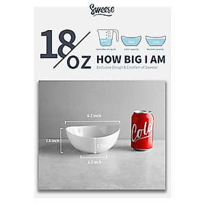 Sweese 6 Inch Porcelain 18 oz Bowls Set of 4, for Soup | Cereal | Fruits | Rice - Microwave, Dishwasher, and Oven Safe - White