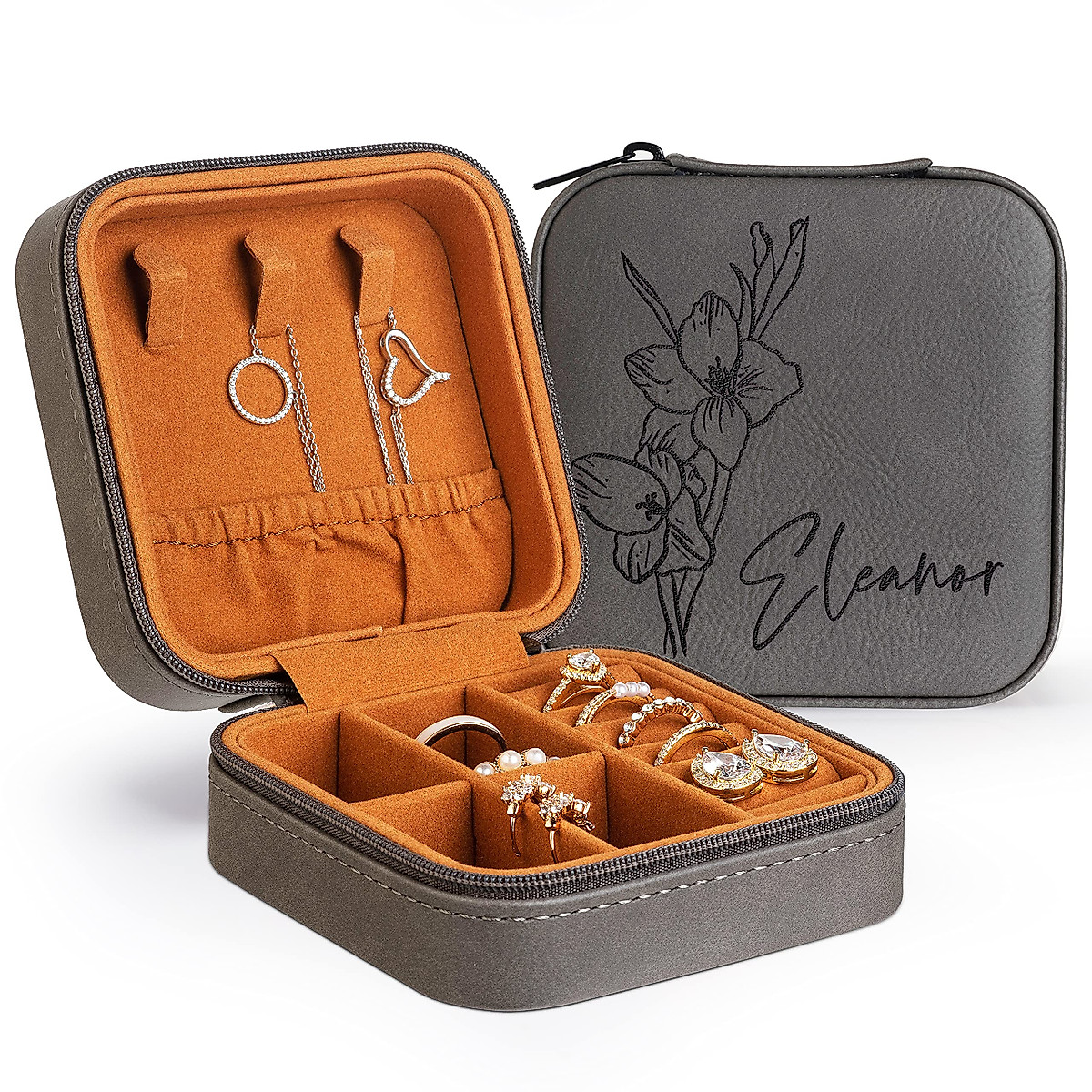 Custom Leather Jewelry Box w/Name & Birth Flower Month - Birthday Gifts for Women, Personalized Jewelry Travel Case - Customized Jewelry Organizer Box, Mom Birthday Gifts - Gray