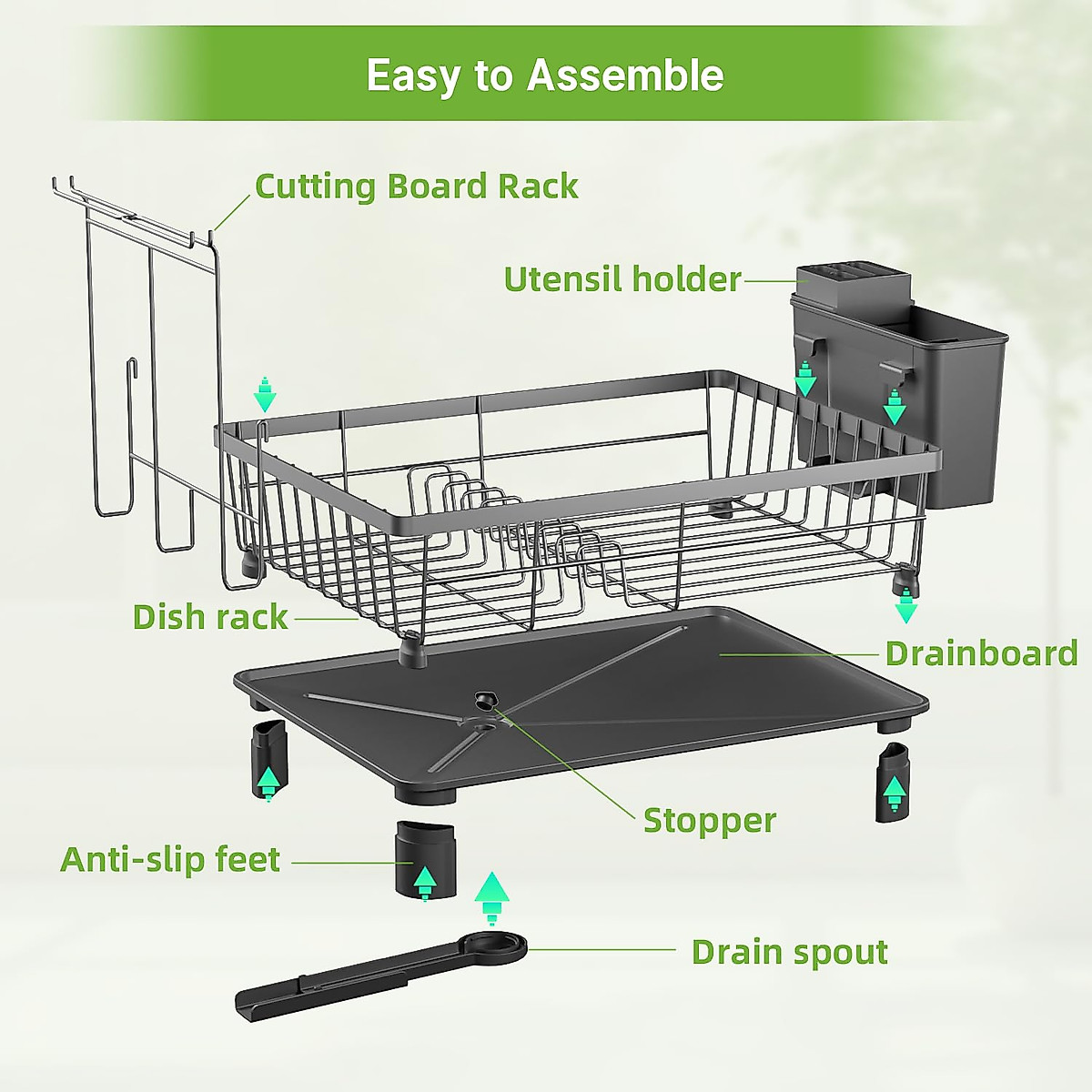 Dish Drying Rack - Stainless Steel Dish Rack for Kitchen Counter, Dish Drainer with Utensil Holder, Space-Saving, Rust-Resistant Dish Rack for Dishes, Glasses, and Cutting Board, 12''W x 15''L, Black