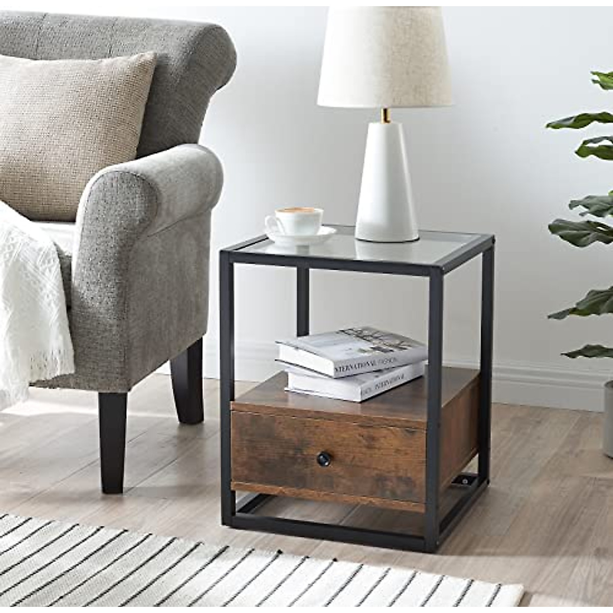 SICOTAS Nightstand Set of 2 - Tempered Glass Top with Drawer - Modern Glass Night Stand with Drawer and Storage Shelf, Industrial End Table Side Table, Bedside Table with Metal Frame for Living Room