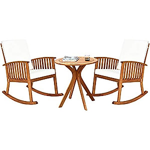 Tangkula 3 Piece Wood Patio Rocking Chair Set, Outdoor Acacia Wood Rocker Set with Round Table, with Thick Cushion of Detachable Cover, Suitable for Poolside, Indoor, Patio Backyard and Garden