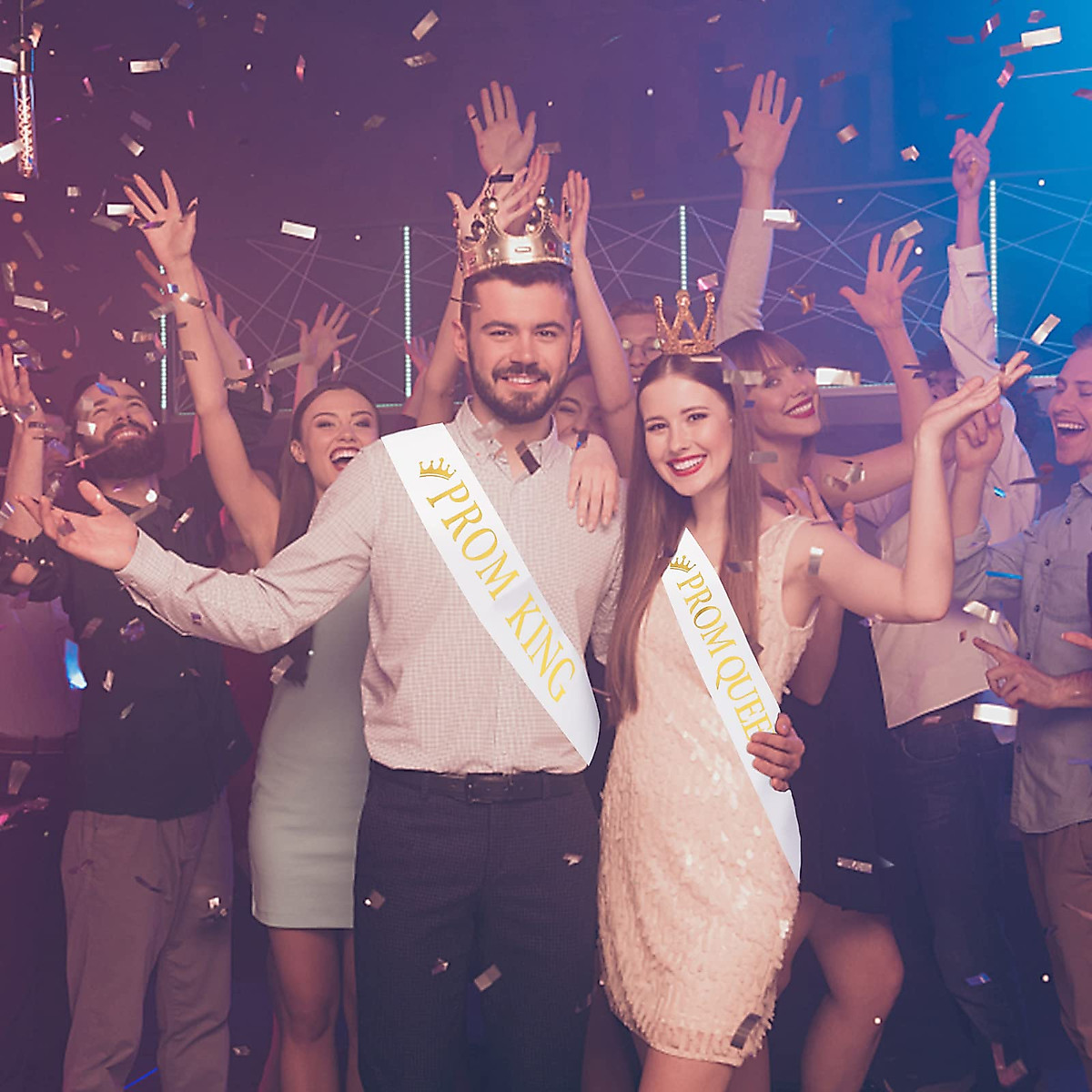 BAHABY Prom King and Prom Queen Satin Sash - Graduation Party School Party Accessories Bachelorette Party Wedding Bridal Shower Party Favors, White with Gold Print