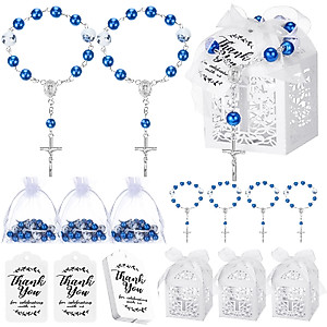 100 Pcs Baptism Favors Set Includes 25 Pcs Mini Rosary 25 Pcs Baptism Favor Boxes 25 Pcs White Organza Bags 25 Pcs Kraft Thank You Tags for Christening Communion Baby Shower Party Decorations (Blue)