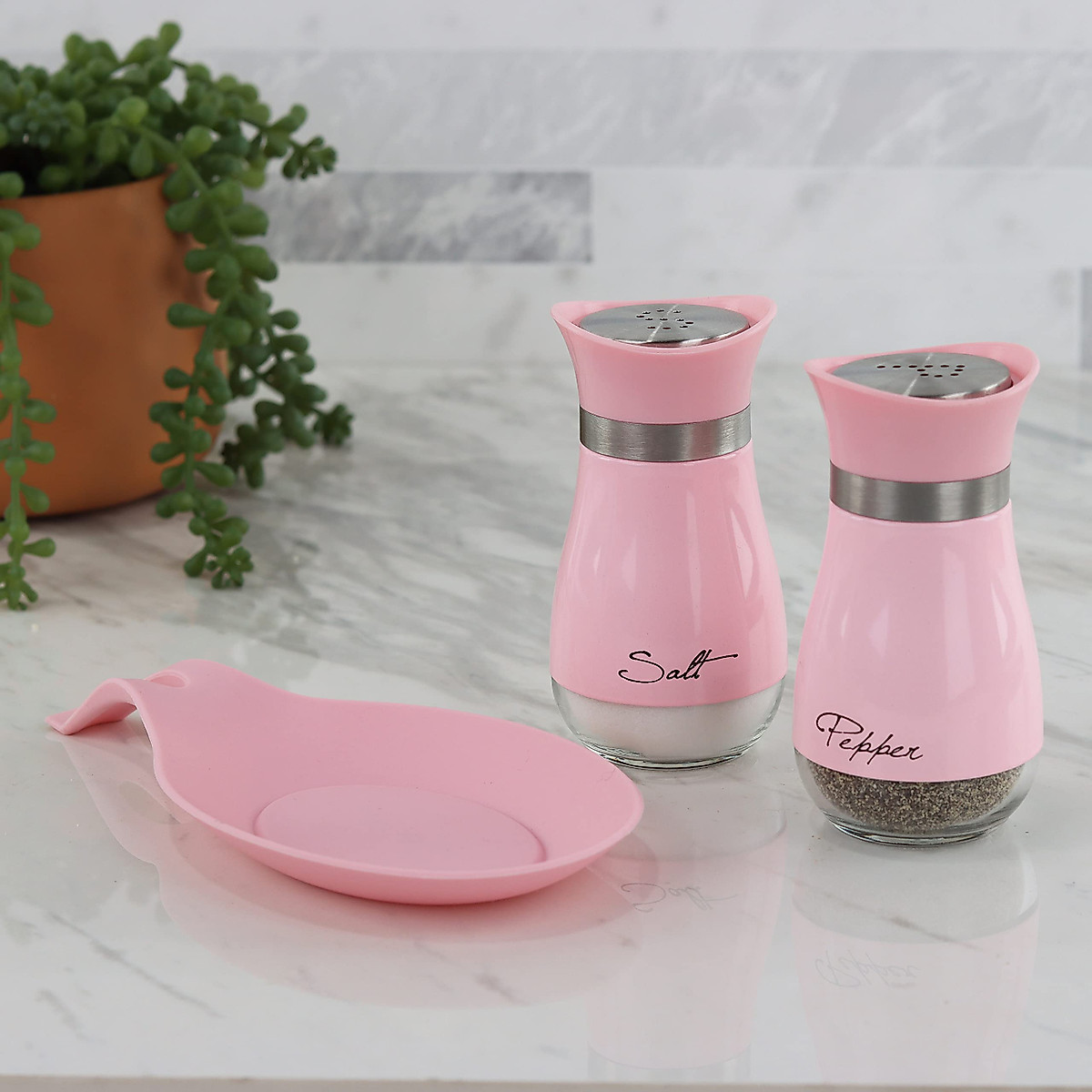 Round Silicone Spoon Rest & 4oz Glass Salt and Pepper Shaker Set (Pink)
