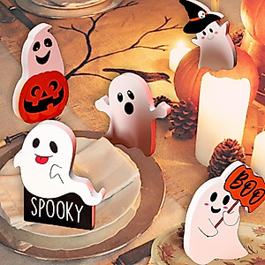 5 Pcs Halloween Wooden Decor Cute Ghost Halloween Tiered Tray Decorations Set Mini Ghost Kit Pumpkin Blocks for Indoor, Desk, Fireplace, Kitchen, Shelf Display, Table