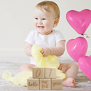 Baby Milestone Blocks - Monthly Baby Milestone Wood Blocks for Keepsake Photography - Set of 6 Baby Age Blocks for Pictures Ages Newborn to Weeks, Months, Years with Welcome Baby Age Sign & Bag