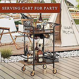 Wisdom Star 2 Tier Bar Cart with Wheels, Serving Cart with Wheels and 2 Handle, Outdoor Bar Cart for The Home with Wine Rack and Glass Holder, Kitchen Serving Cart for Home, Dining Room, Party, Black