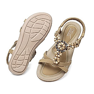 SHIBEVER Sandals Women Flat Dressy: Summer Comfortable Walking Sandal Bohemian Ankle Strap Shoes Outdoor Apricot 8.5