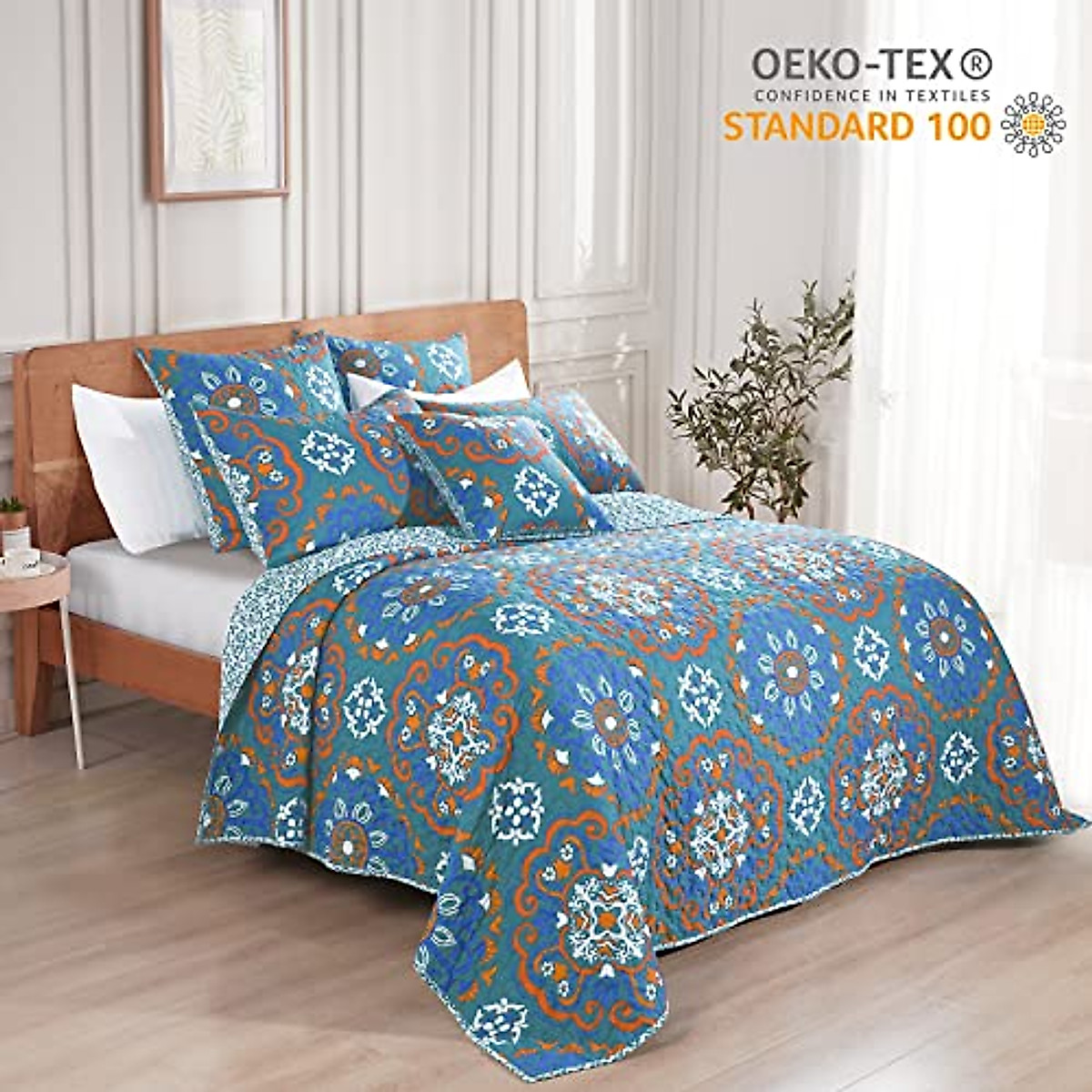 PHF 100% Cotton Fabric Boho Paisley Quilt Set Queen/Full Size, 3PCS Lightweight Cozy Bedspread for All Season, Extra Soft Reversible Bed Spread, Coverlet 90" x 90" and 2 Pillow Shams, Teal Blue