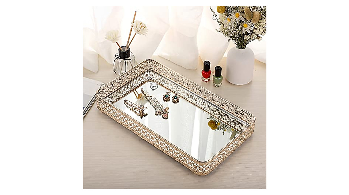 ELLDOO Gold Perfume Tray - Elegant Mirrored Jewelry & Cosmeti Organizer