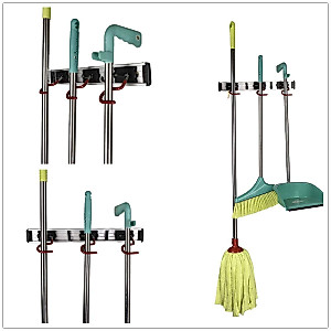 Mop Broom Holder Wall Mount QBOSO Aluminum Metal S Type Cleaning Tool Organizer Hanger Rack for Kitchen Garage Garden Holds Up to 5 Tools 17 In (3 Positions 2 Hooks Red black)