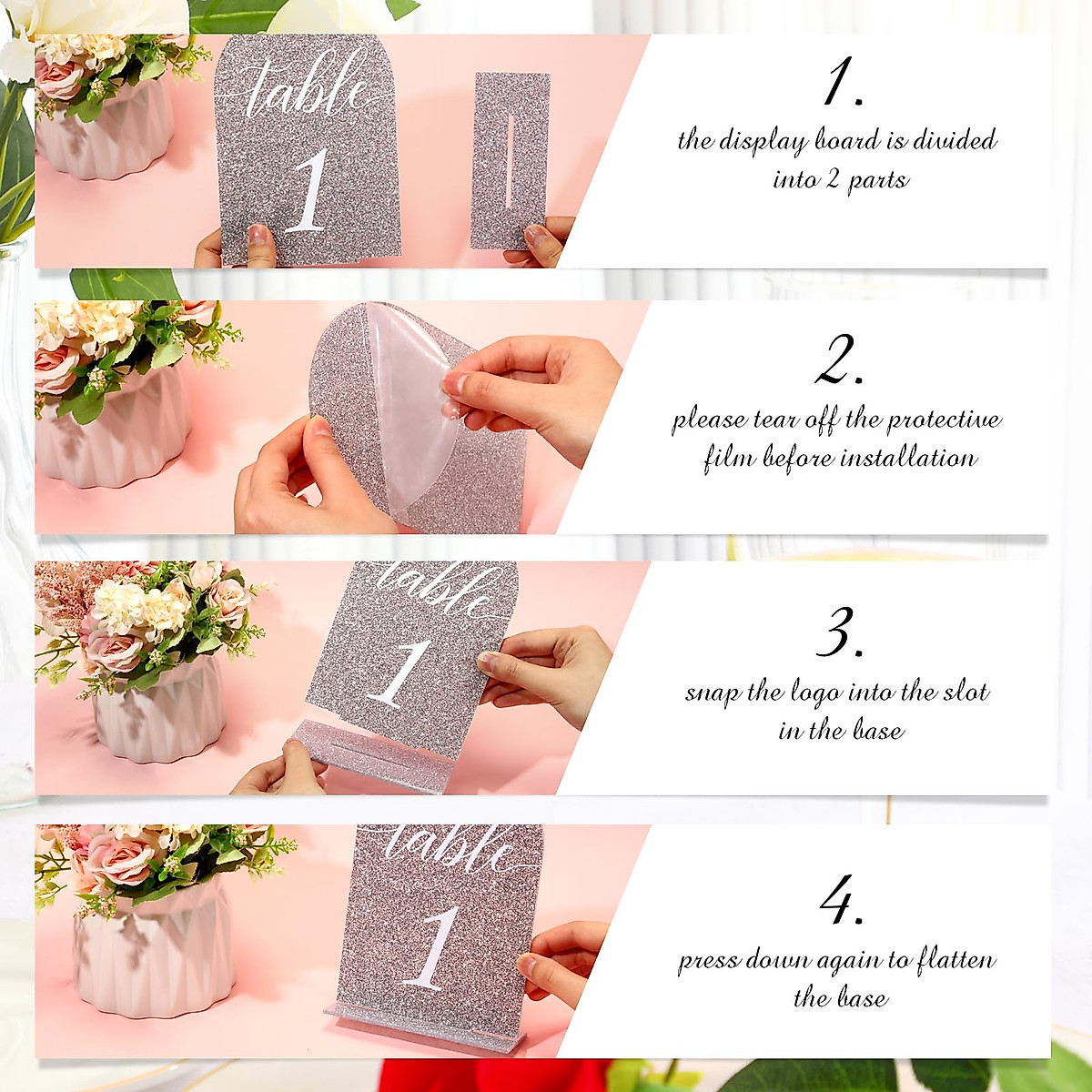 Geetery 10 Pcs Bling Table Numbers 1-10, Silver Acrylic Wedding Table Number with Stands, 5 x 7 Inch Table Number Holders, Glitter Table Sign Numbers for Wedding Reception, Event, Party