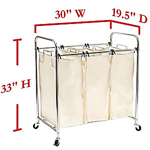 Seville Classics Laundry Hamper Sorter Cart Mobile Premium 3-Bag Heavy-Duty, Chrome