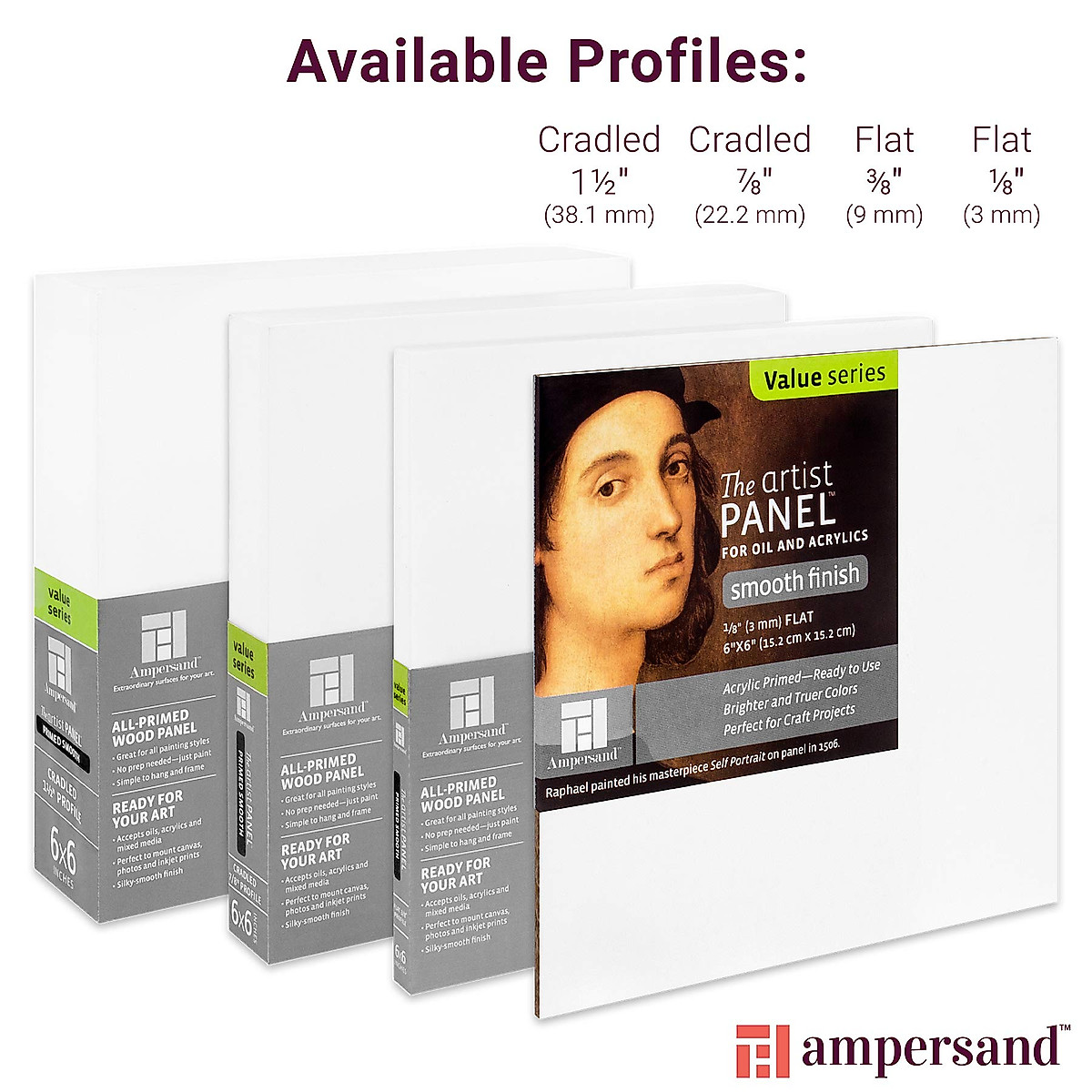 Ampersand Art Supply Wood Gesso Artist Painting Panel: Primed Smooth, 8" x 10", 7/8" Cradled Profile