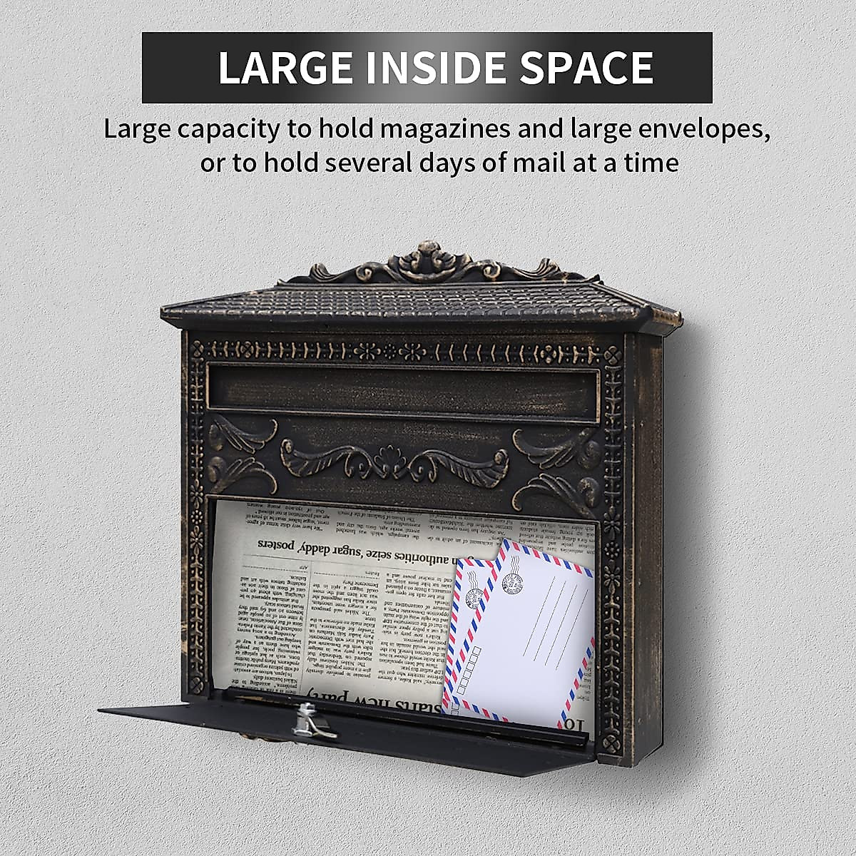 Yoocabinet Mailbox Wall Mount,Large Capacity Locking Mailbox for Outside, Rust-Proof Aluminum Hanging Secured Postbox, Security Key Drop Box,15.35 "x 16.14 "x3.54 Retro Horses