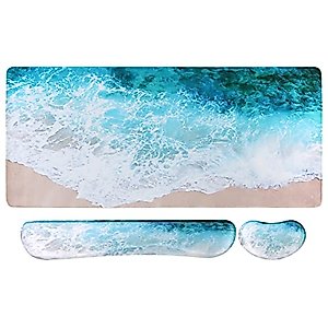 iCasso Keyboard Mouse Pad Set,Extended Gaming Mouse Pad + Keyboard Wrist Rest Support, Memory Foam, Easy Typing Pain Relief, 3Pcs (35.4×15.7 in) Large Ultra Thick Mousepad Desk Mat (Beach)