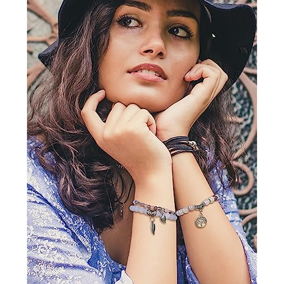 COLOYAN Tree of Life Bracelets for Women - Reiki Healing Stone Bracelets Semi-Precious Gemstone Beaded Bracelets Beach Charm Stretch Bracelet Set Ocean Jewelry