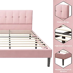 Lijimei Full Size Velvet Upholstered Platform Bed Frame, Pink, Wood Slats, Steel Frame
