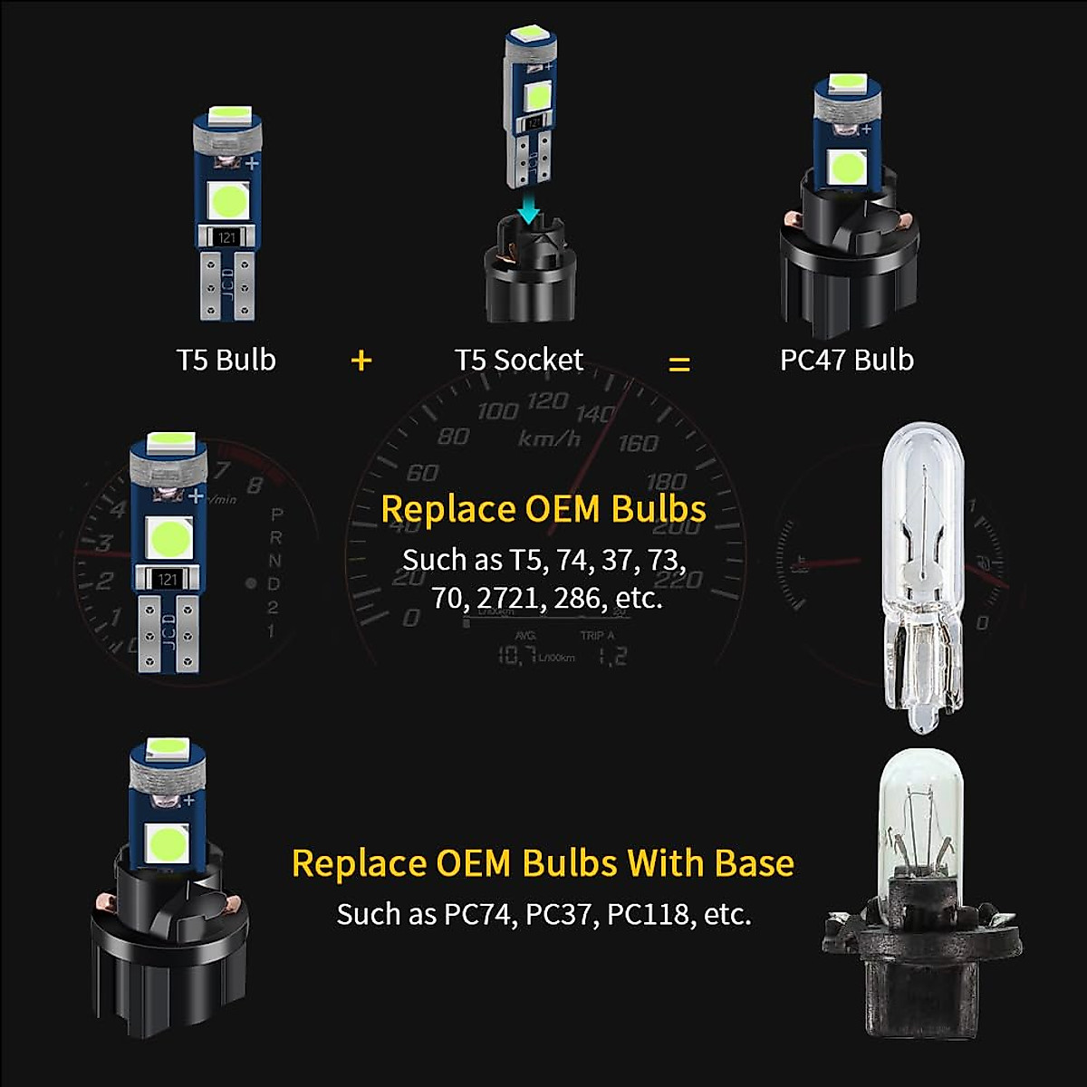 1797 T5 LED Bulbs Dash Dashboard Light 74 37 73 2721 PC74 PC37 Instrument Cluster Gauge Wedge Twist Socket Car Indicator Panel Parts Interior Replacement 12V Green Pack of 20