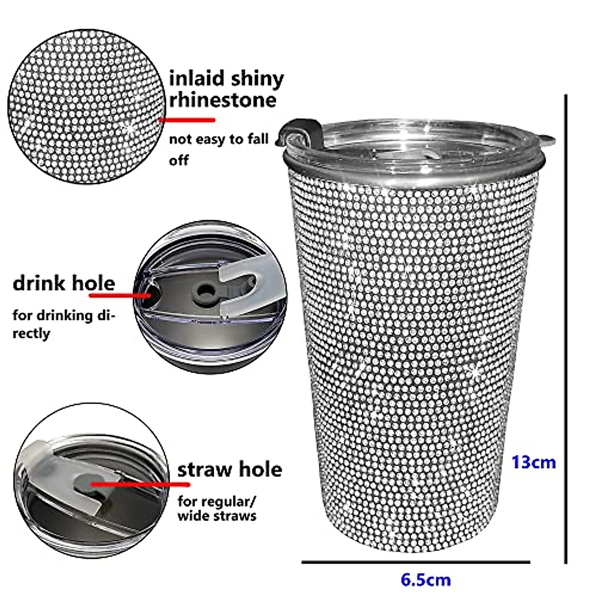 Bling Diamond Straw Cup,17oz Stainless Steel Thermal Bottle,Vacuum Double Wall Insulated Cup Glitter Water Bottle,Bling Cup, Leak-Proof Insulated Coffee Cup for Gym Fitness Travel Office Use (silver)