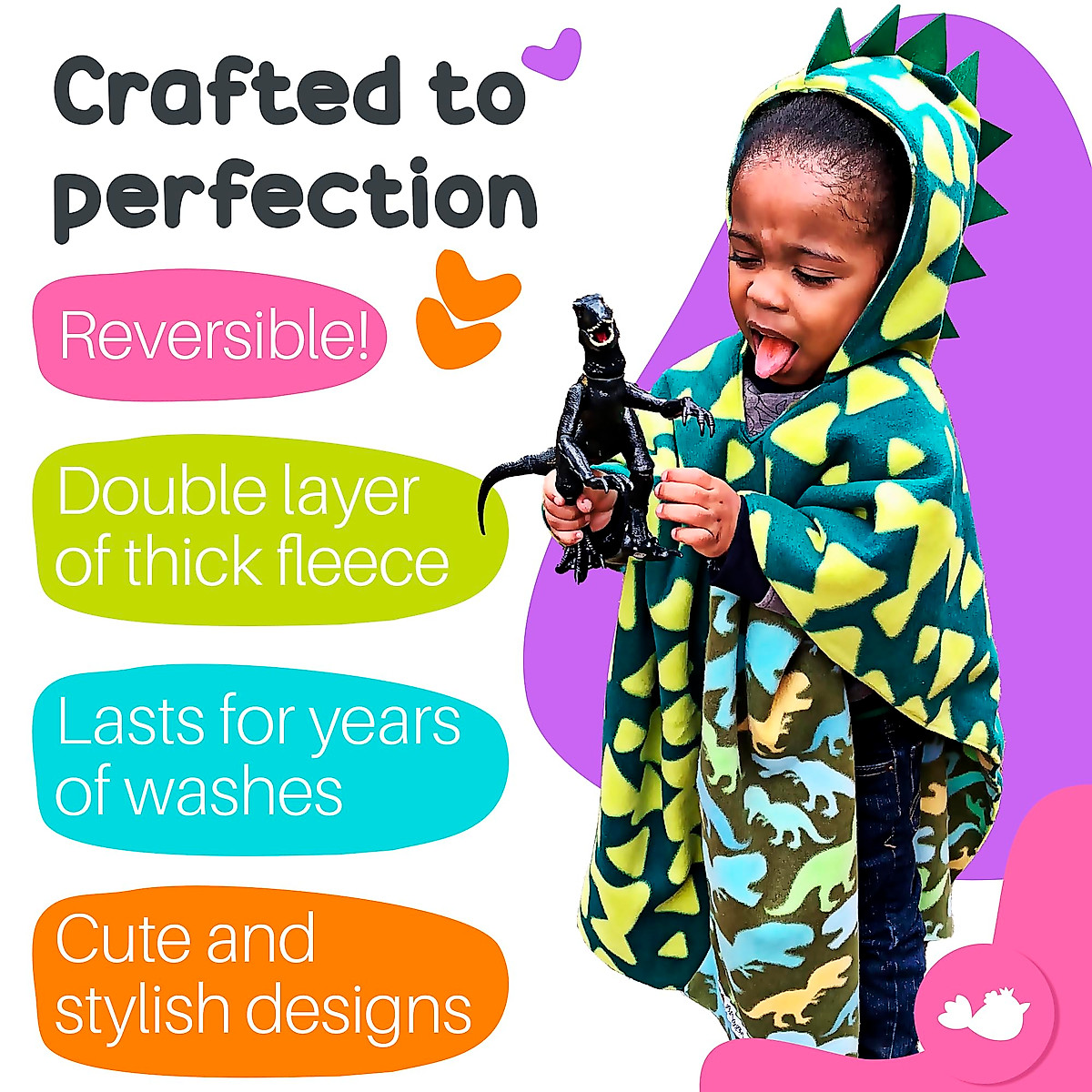 Birdy Boutique Car Seat Poncho for Kids – Safe to Use Over Seat Belts – Reversible Warm and Cozy Blanket – Easy on Easy Off and Doesn’t Impact Car Seat Performance – Green Dinosaur – One Size