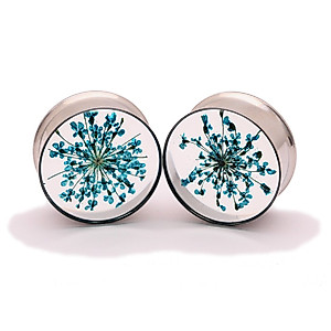 Mystic Metals Body Jewelry Embedded Blue Queen Anne's Lace Flower Plugs - Sold As a Pair (9/16" (14mm))