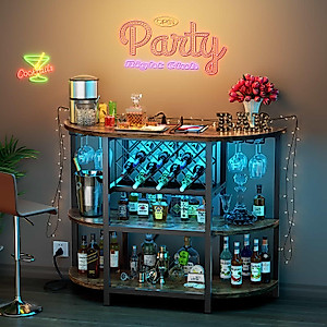 Zarler Bar Table Cabinet with Power Outlet, LED Home Mini Bar Cabinet for Liquor, Metal Wine Bar Stand with 4-Tier Storage, Easy to Assemble, Brown