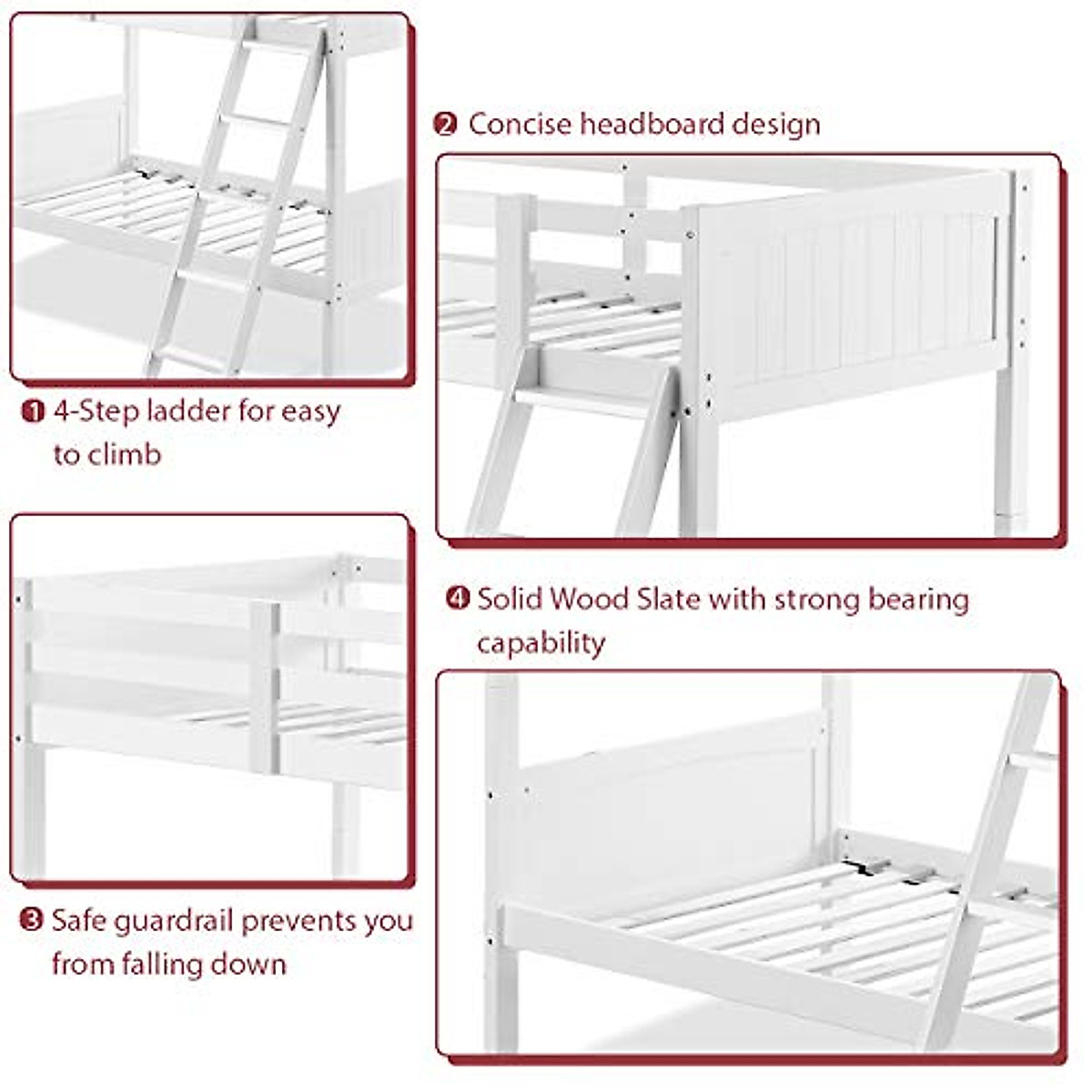 Costzon Wood Twin Over Twin Bunk Beds Convertible 2 Individual Twin Beds for Kids Children, Solid Rubberwood Bunk Bed with Ladder and Safety Rail (White)